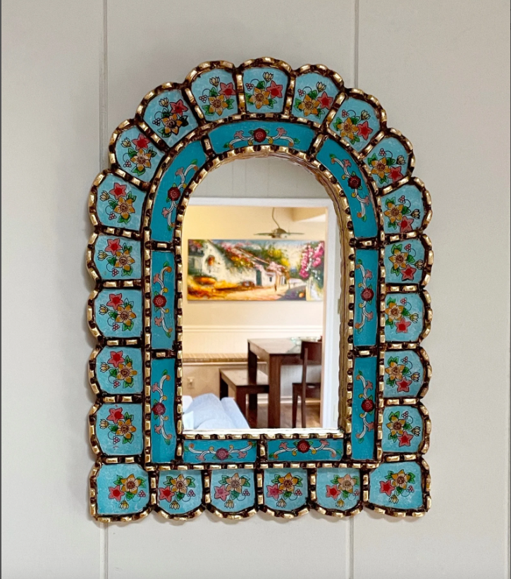 Aqua blue arch mirror with flowers – Peruvian Accent